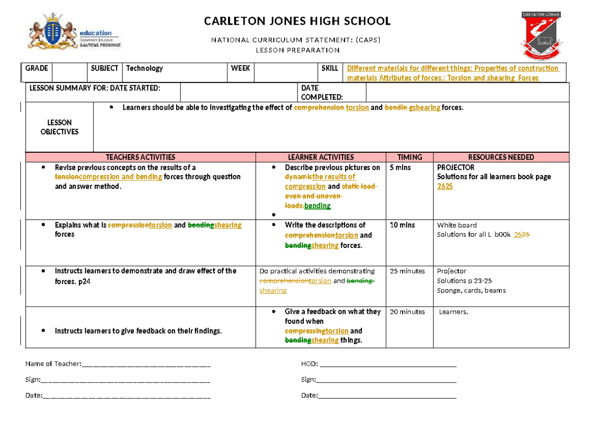 GR 9 TECH PLAN: Lesson on Properties of Construction Materials - Studocu