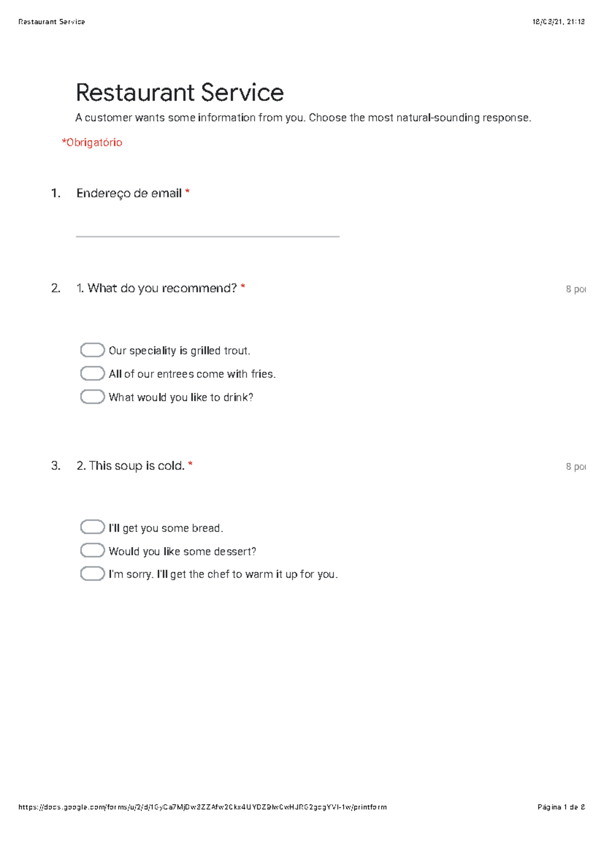 Restaurant Service 21:13 - Customer Interaction Scenarios - Studocu