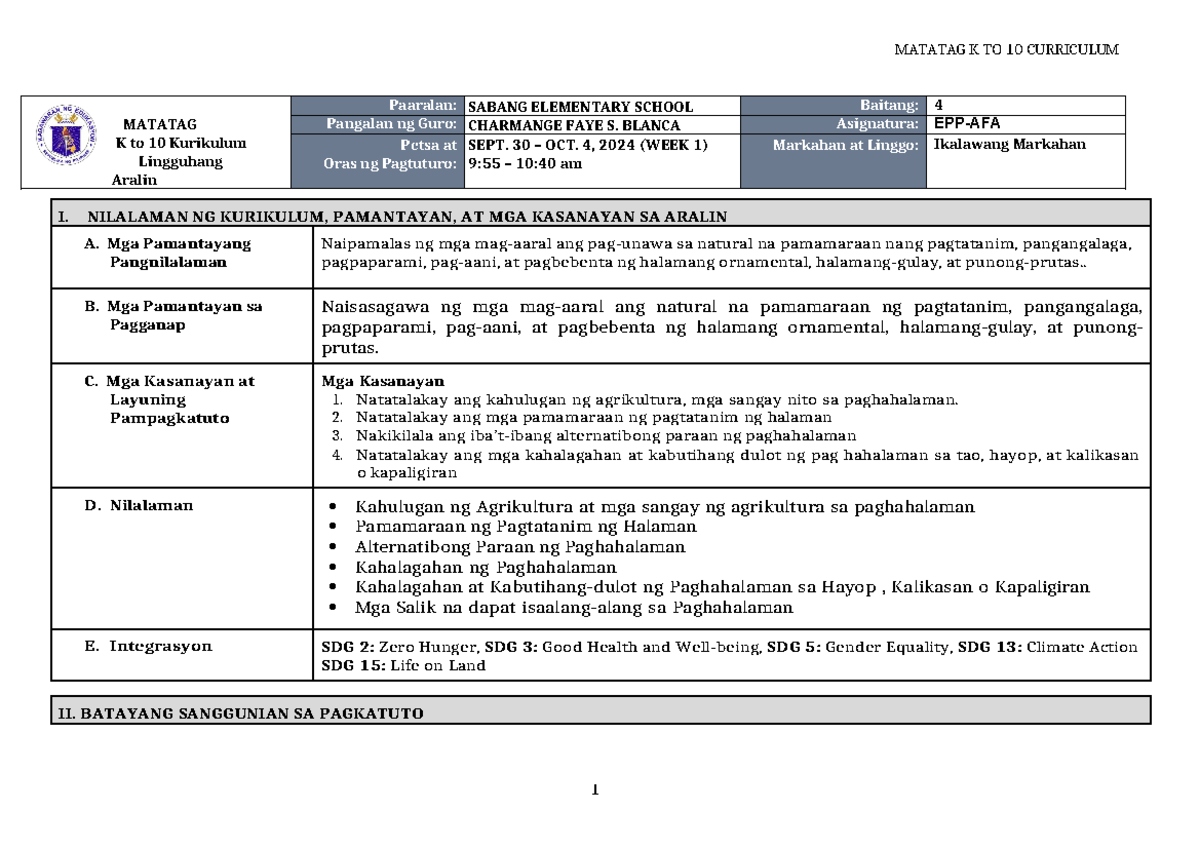DLL Matatag EPP 4 Q2 Week 1 Lesson Plan on Agriculture and Planting ...