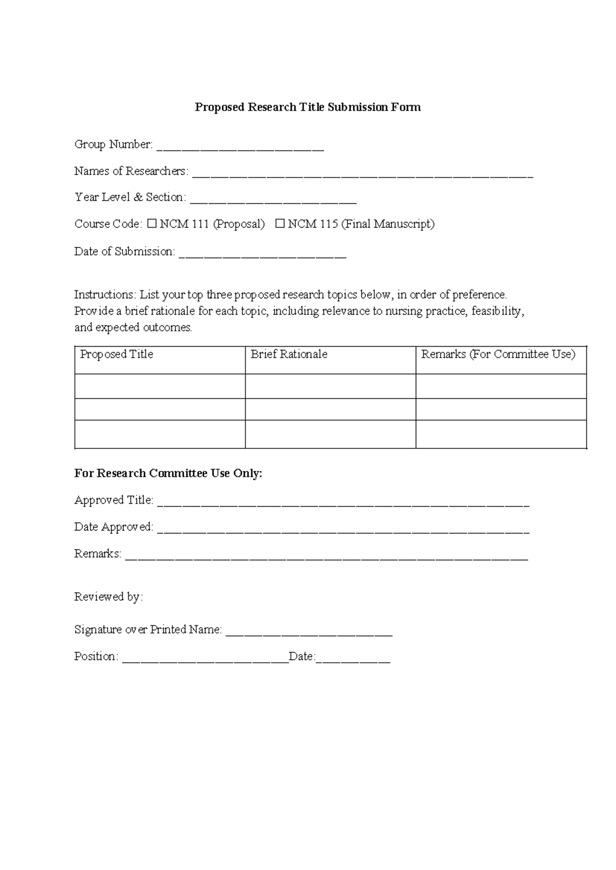 Research Title Submission Form - Provide a brief rationale for each ...