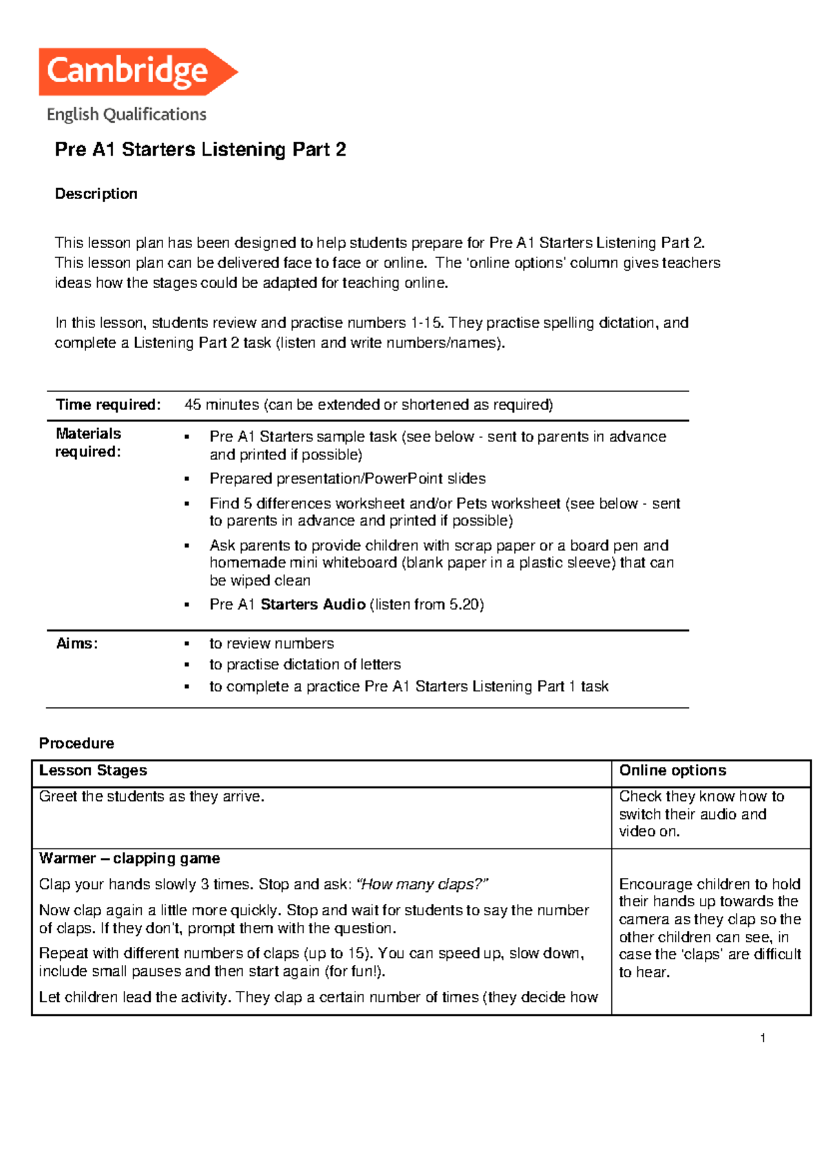 583435 Pre A1 Starters Listening Part 2 Lesson Plan - Studocu