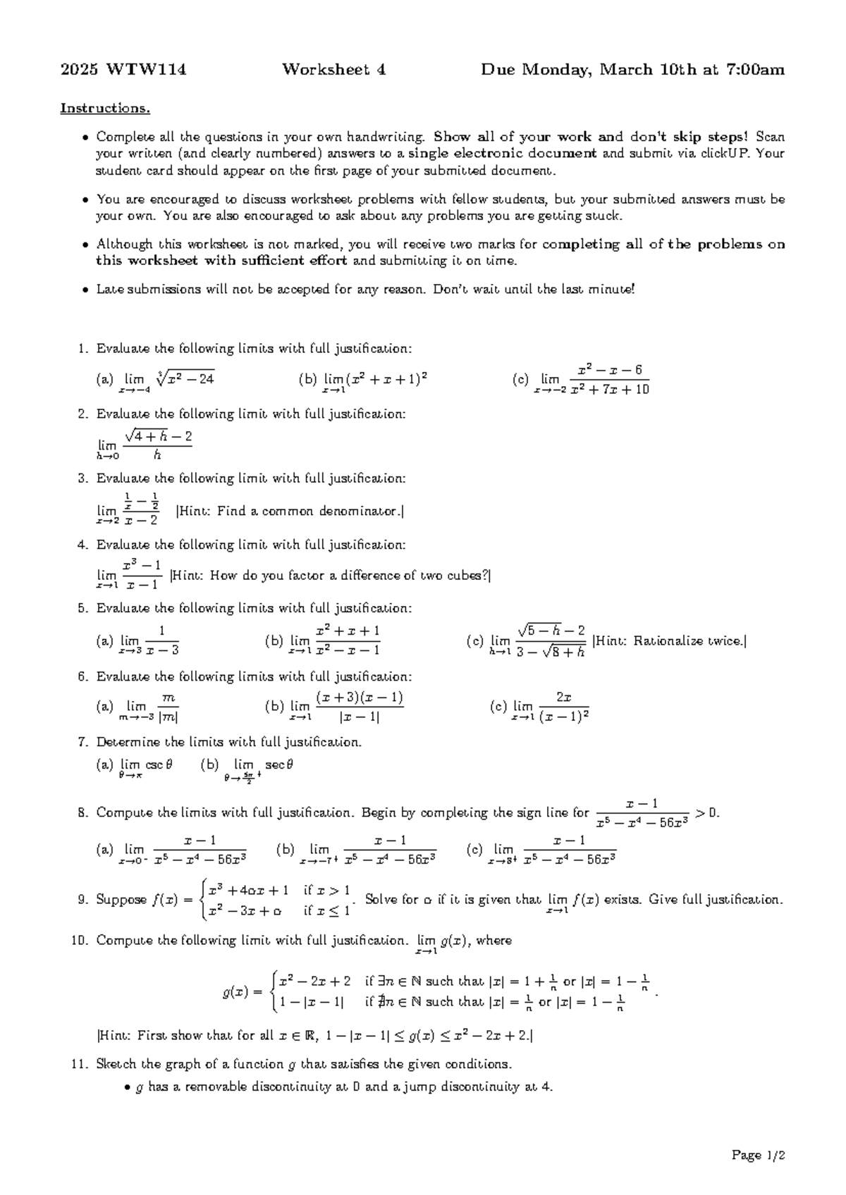Worksheet 4 - 2025 WTW114 Worksheet 4 Due Monday, March 10th at 7:00am ...
