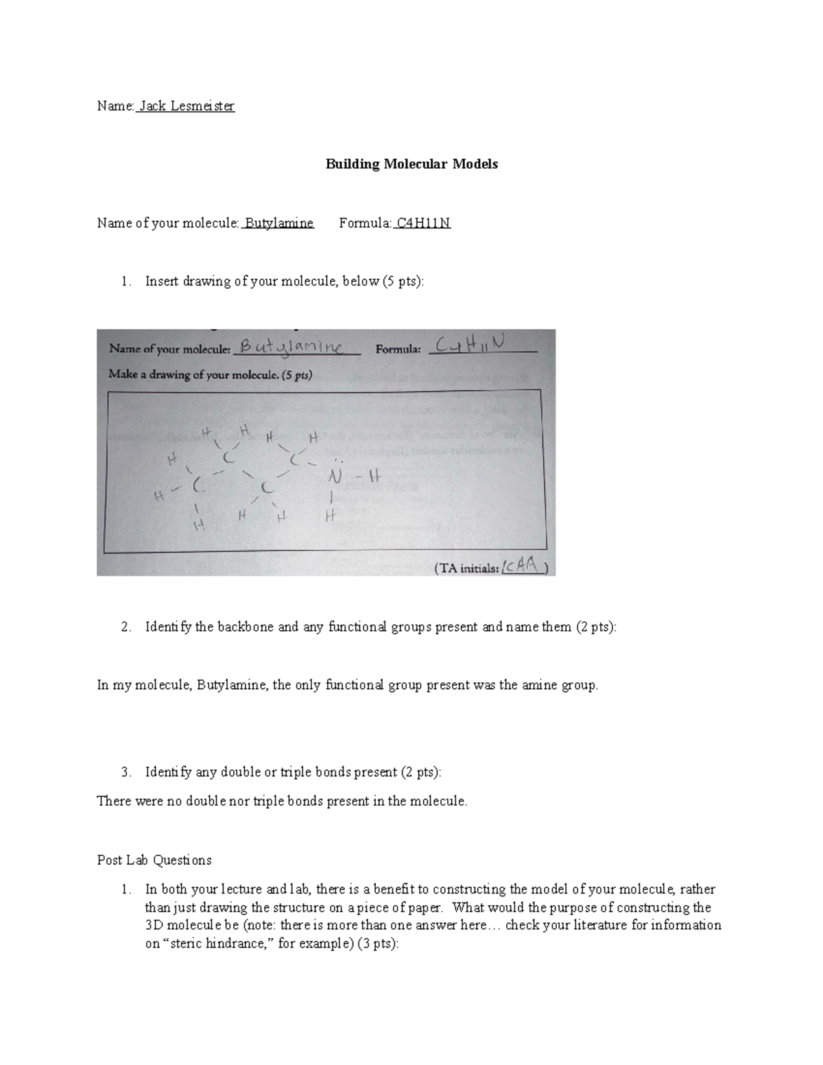 Molecular Models WK 1: Building Butylamine Structure and Analysis - Studocu