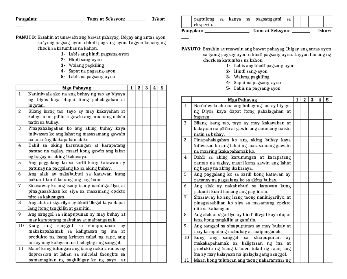 Esp 10 q3 l2 quiz - Additional notes for classes discussion - Pangalan
