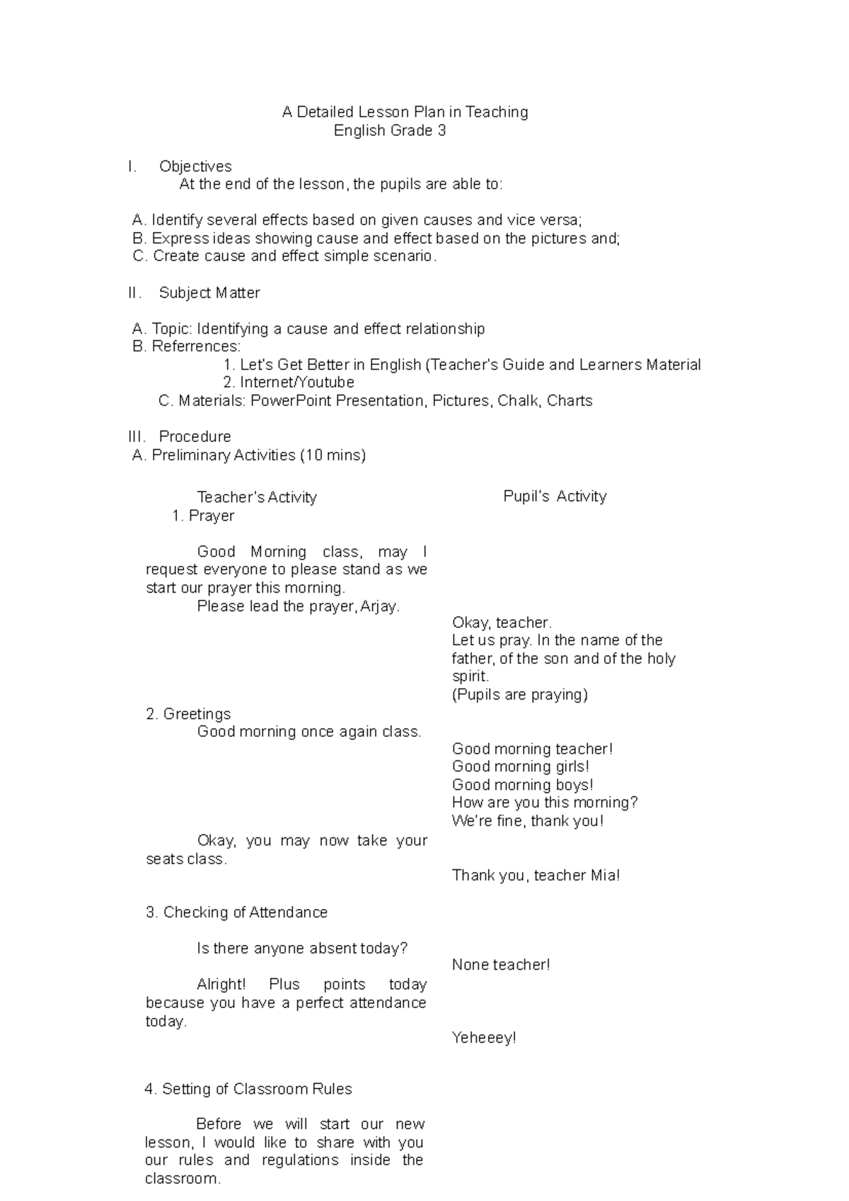 Final Lesson Plan: Teaching Cause and Effect for Grade 3 - Studocu