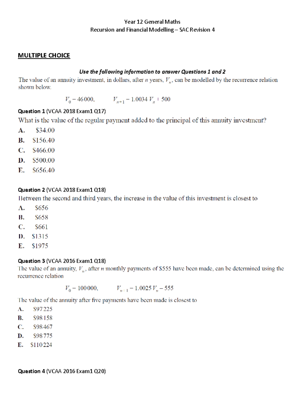 Year 12 General Maths SAC Revision 4: Recursion & Finance MCQs - Studocu