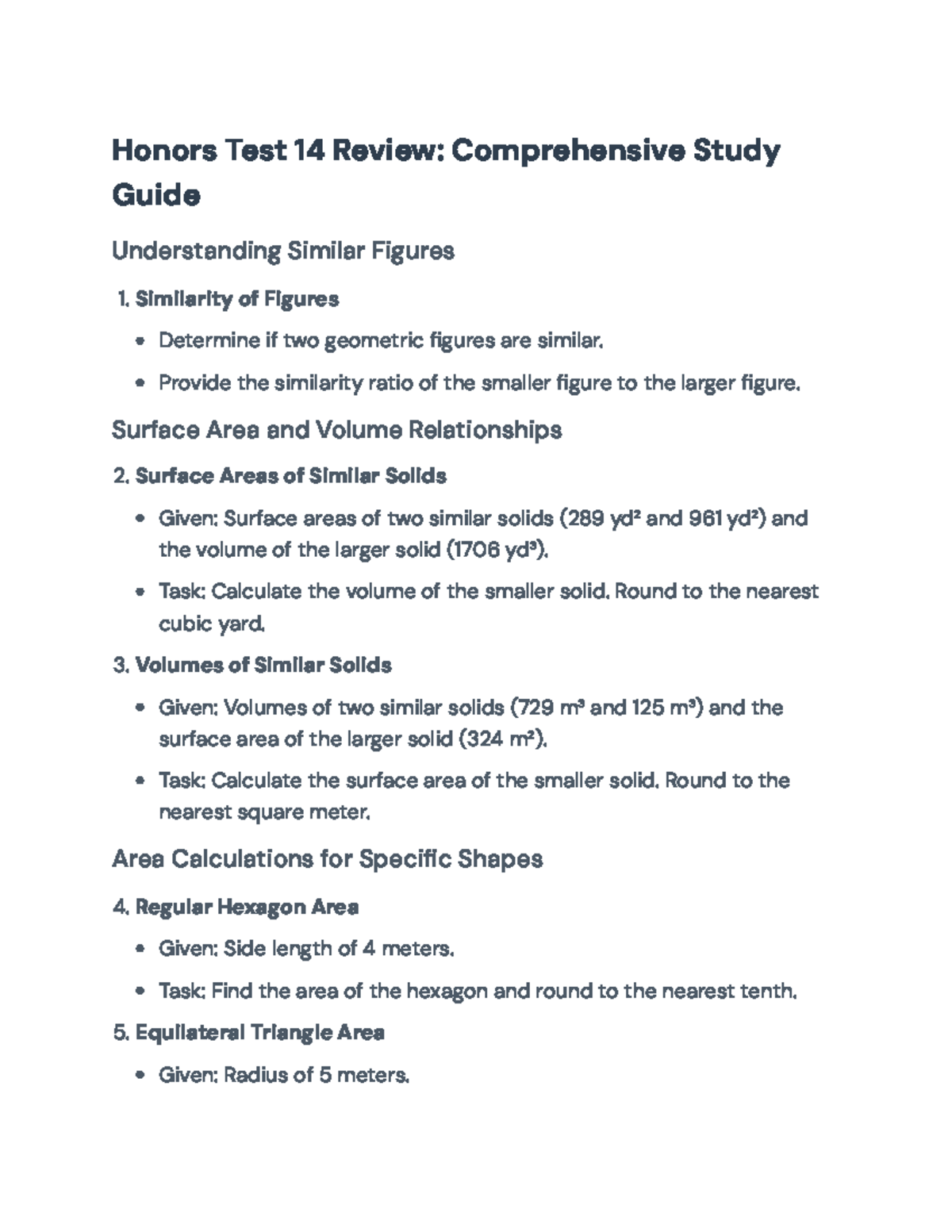 Honors Geometry Test 14 Review: Similar Figures and Area Calculations ...