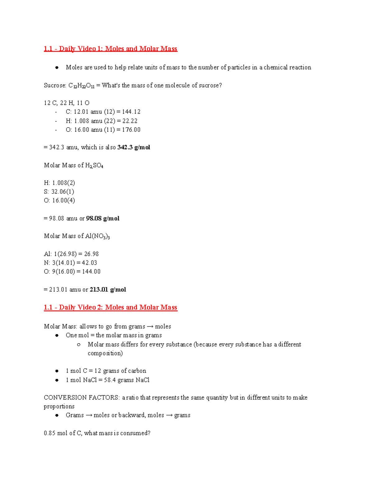 Unit 1 AP Chem Video Notes - 1 - Daily Video 1: Moles and Molar Mass ...