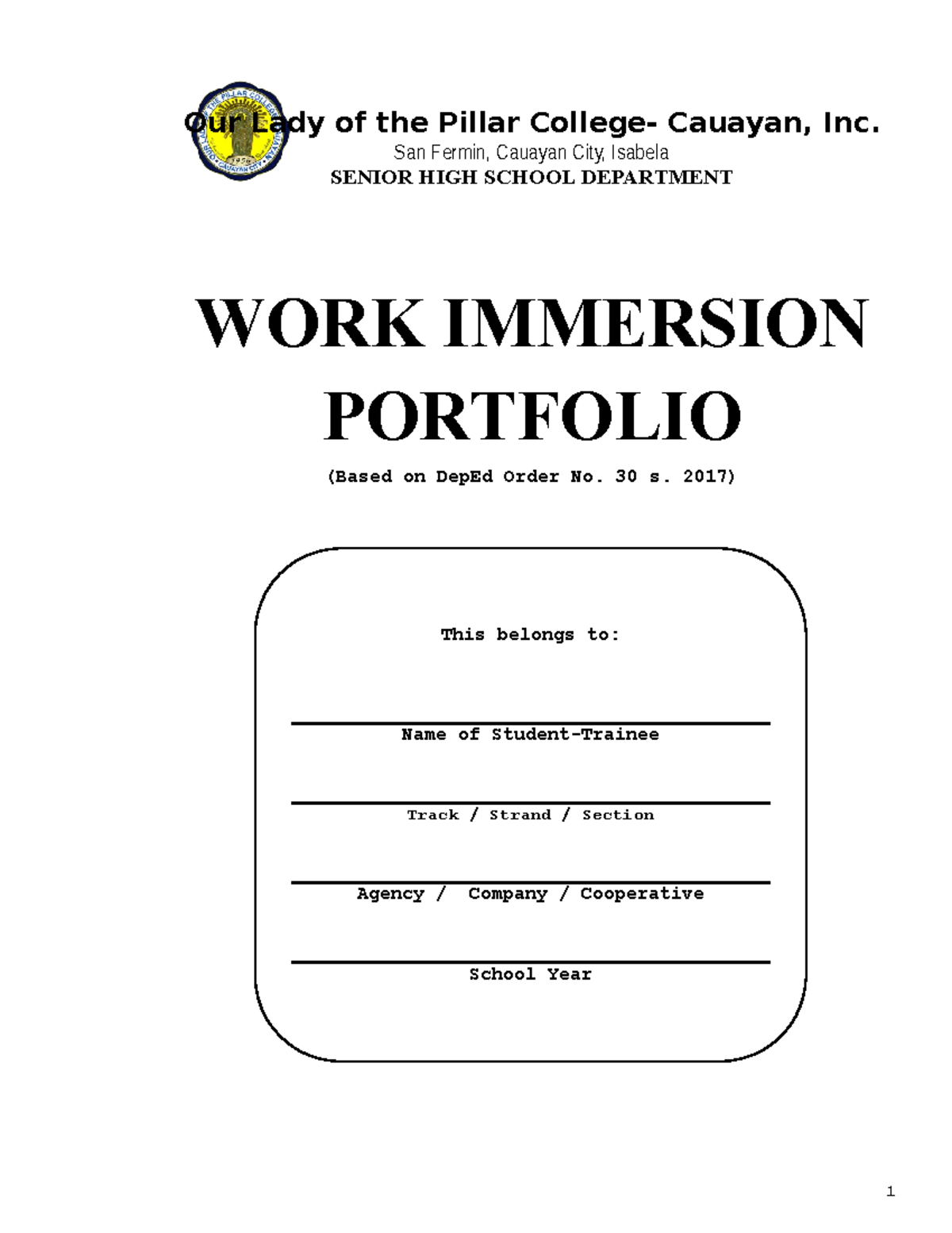 WORK Immersion Portfolio 5 1 - This belongs to: Name of Student-Trainee ...