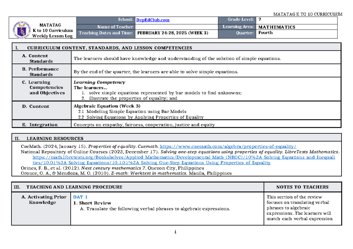 DLL Matatag Mathematics 7 Q4 Week 3 Lesson Log - Studocu