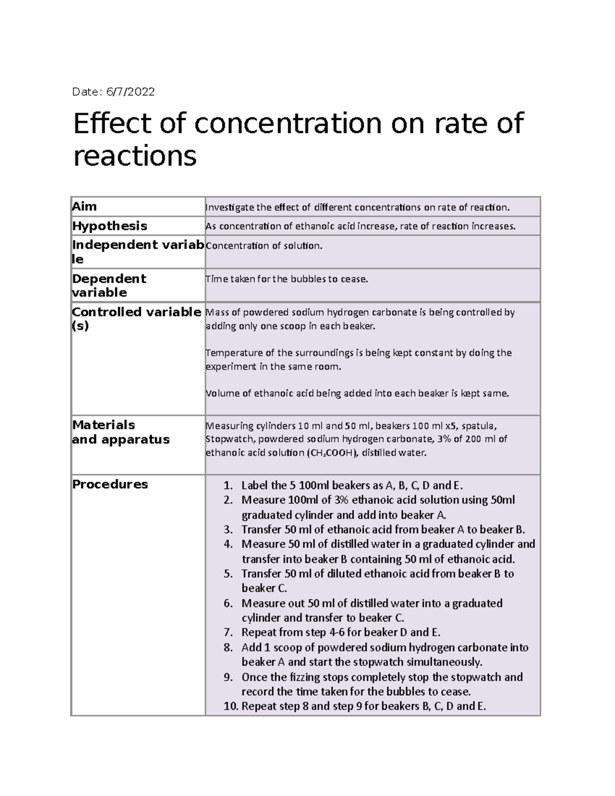 Effects of Concentration on Reaction Rates - Experiment Summary - Studocu
