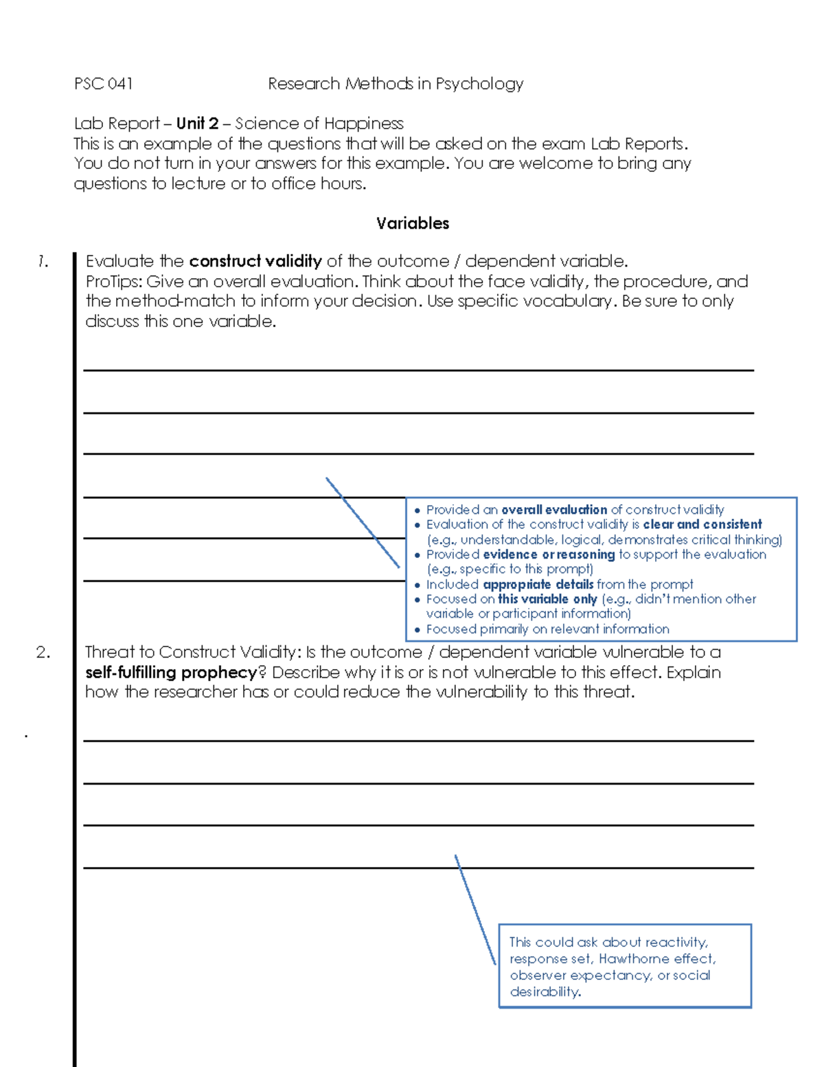 PSC 041 Lab Report Unit 2: Evaluating Construct Validity in Happiness ...