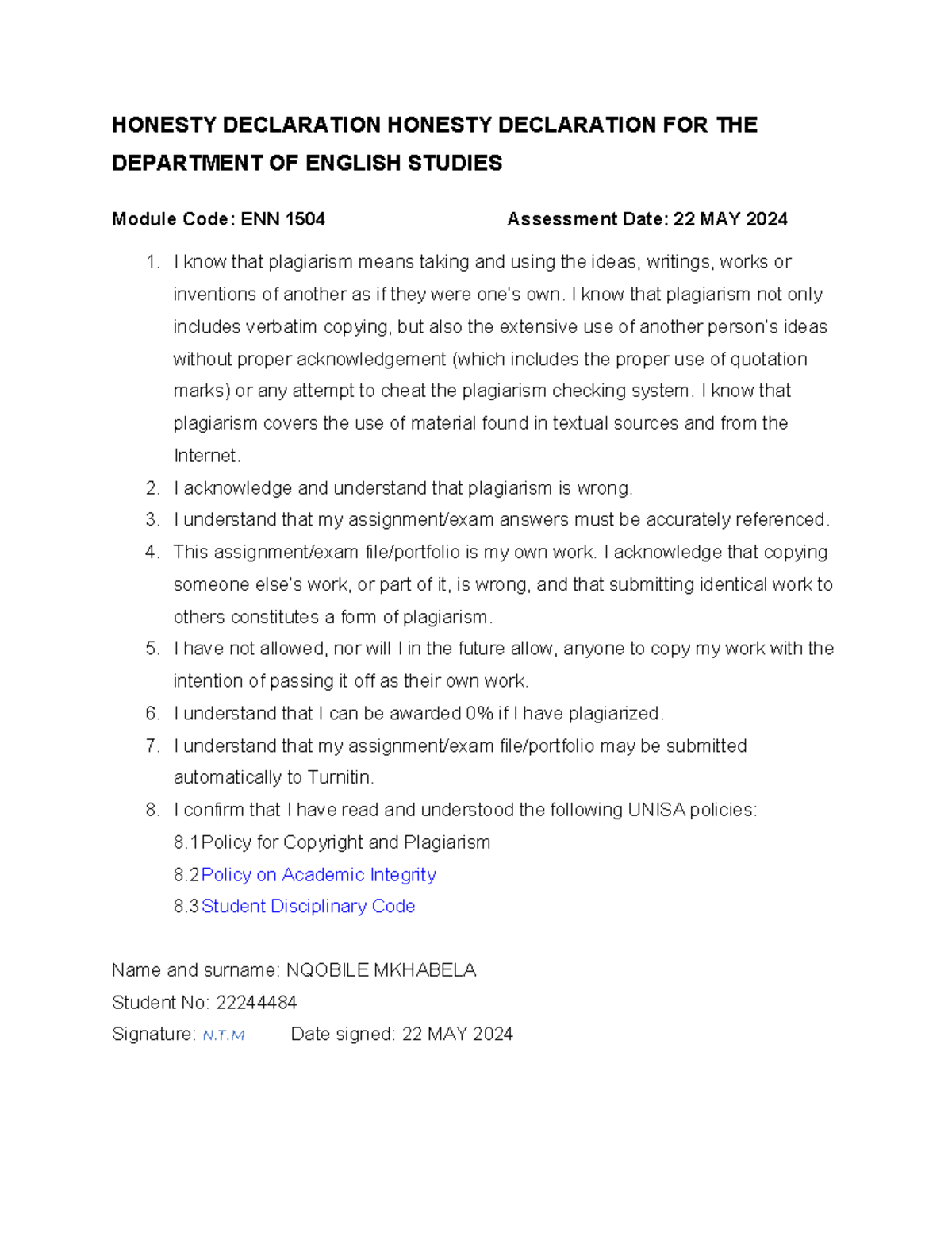Honesty Declaration for ENN 1504 - Academic Integrity Compliance - Studocu