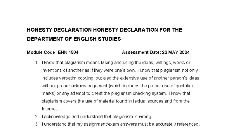 Honesty Declaration for ENN 1504 - Academic Integrity Compliance - Studocu