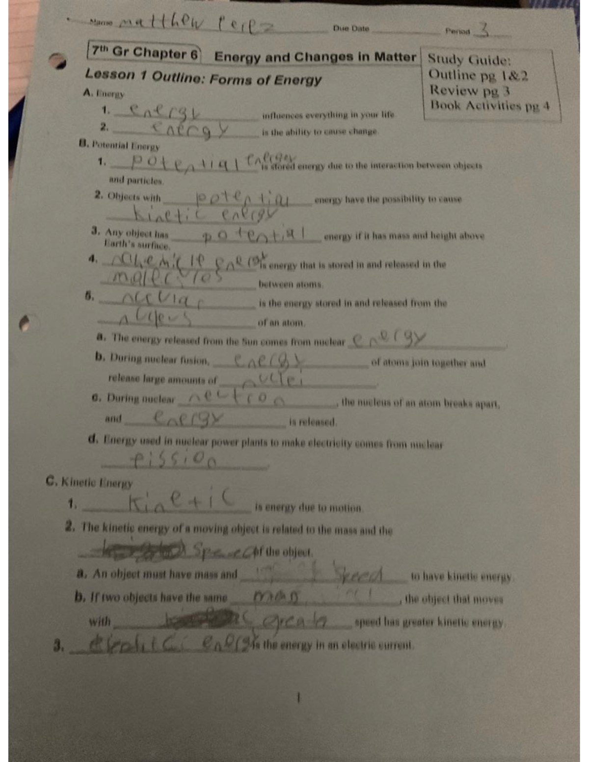 Ch 6.1 Energy & Changes in Matter Study Guide: Lesson 1 Outline - Studocu