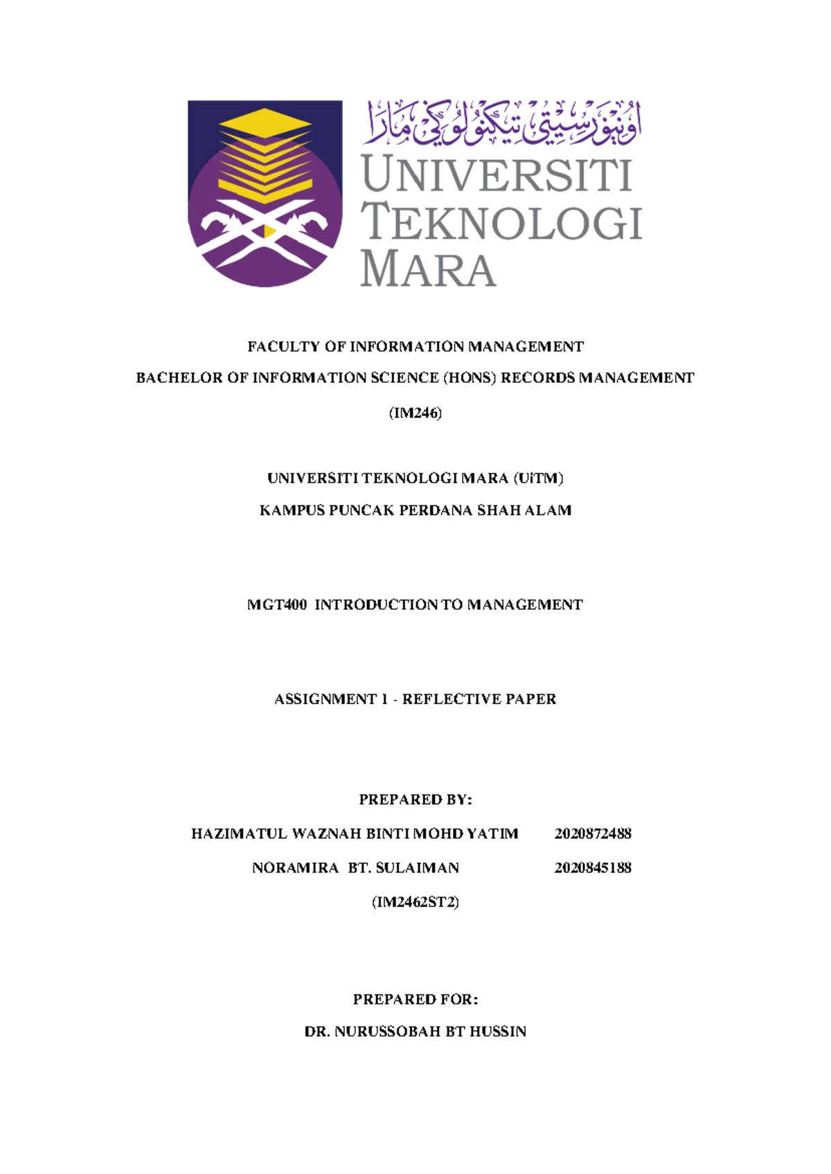 Reflective Writing MGT400 - Introduction of Management - UiTM - Studocu