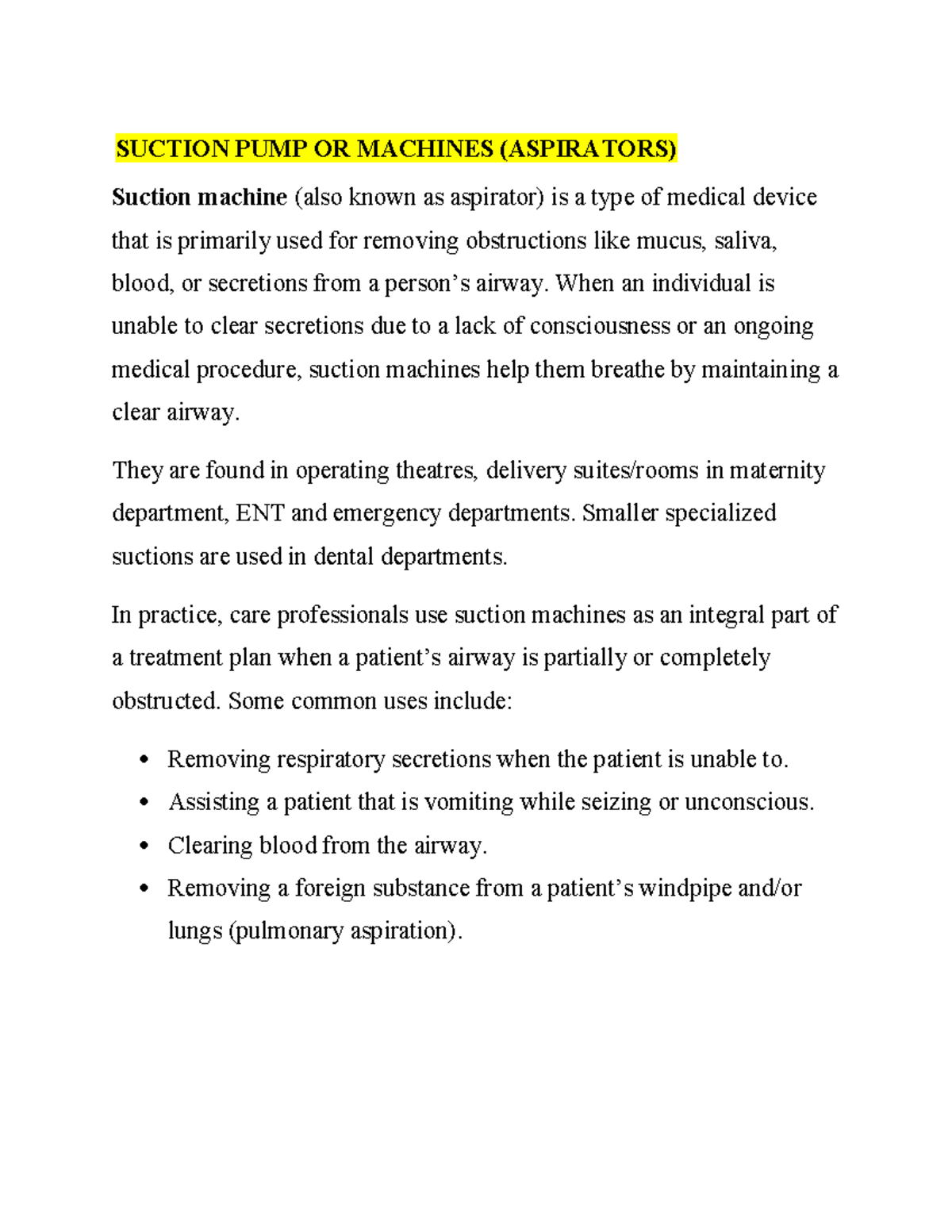 Suction Pump Machines: Functions, Types, and Operations (MED 101) - Studocu