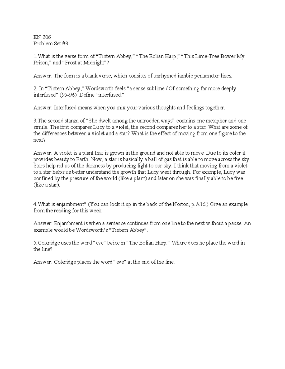 EN206 problem set 3-2 - EN 206 Problem Set # 1 is the verse form of “Tintern Abbey,” “The Eolian ...