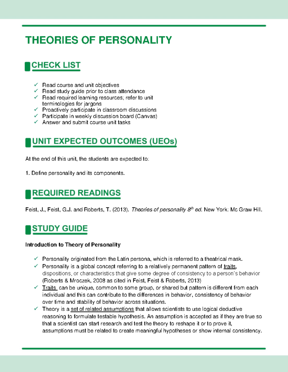 TCAP A 01 Introduction - THEORIES OF PERSONALITY Read course and unit ...