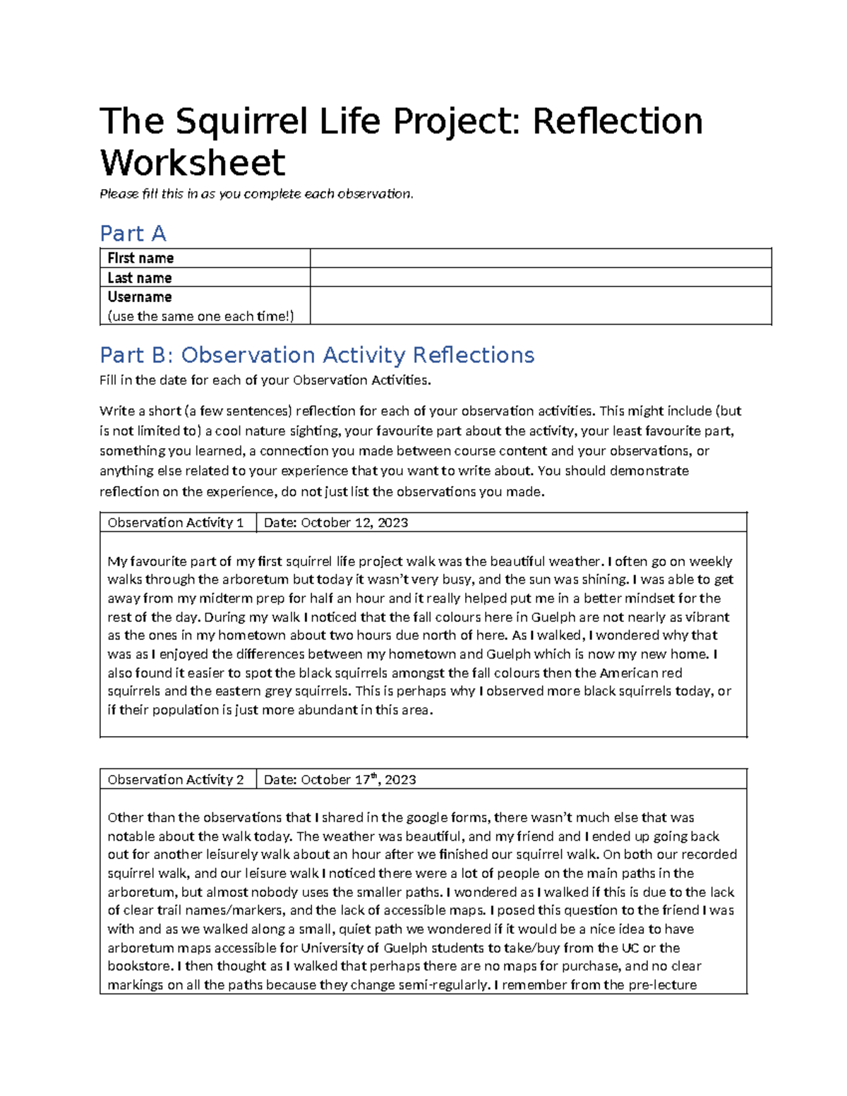 Squirrel Life Project: Reflection Worksheet for Observations - Studocu