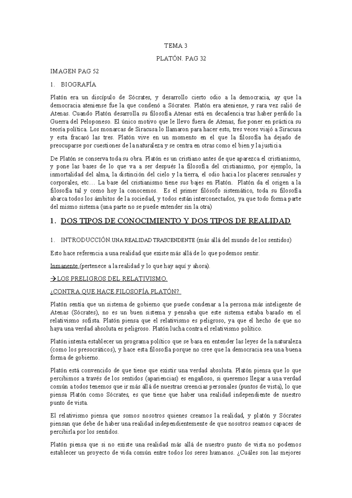 TEMA 3 - PLATÓN: Filosofía, Conocimiento y Ética en su Obra - Studocu