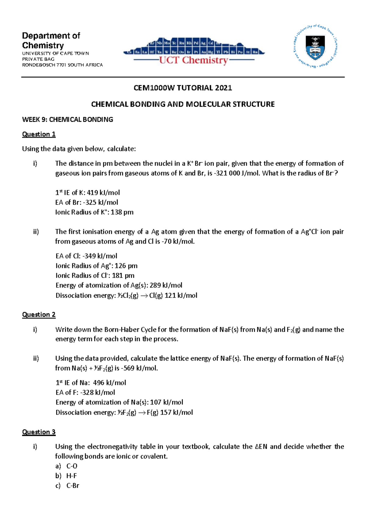 CEM1000W Tutorial - Chemical Bonding & Molecular Structure Questions ...