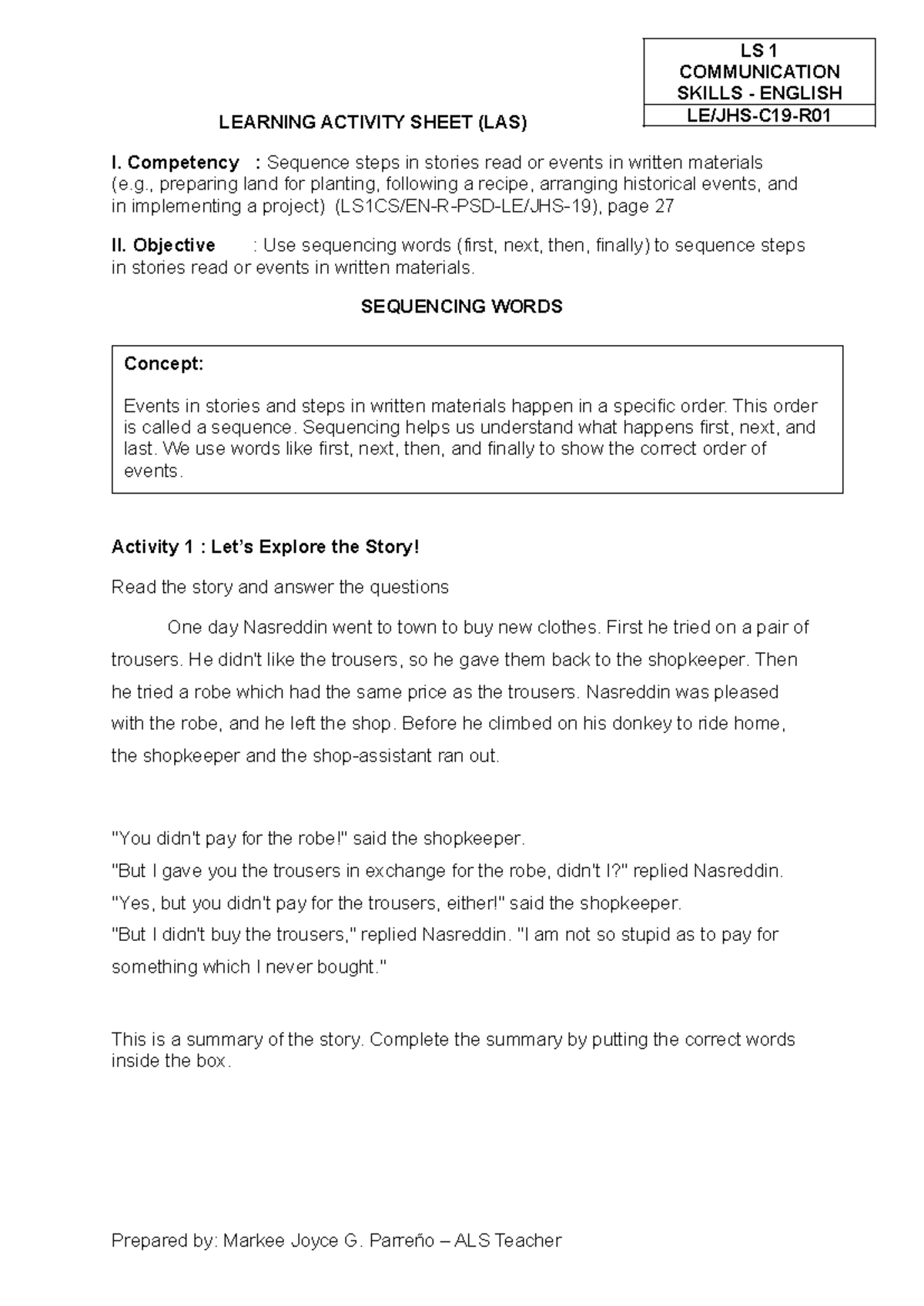 JHS01 - Sequencing Steps in Stories and Events Activities - Studocu