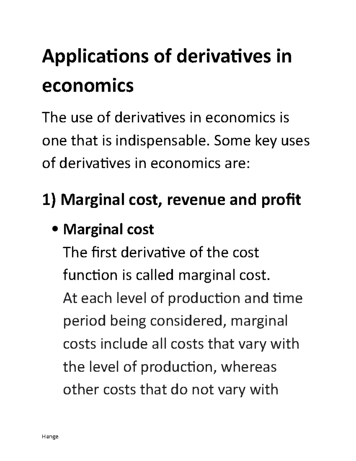 Applications of derivatives in economics - Applications of derivatives ...