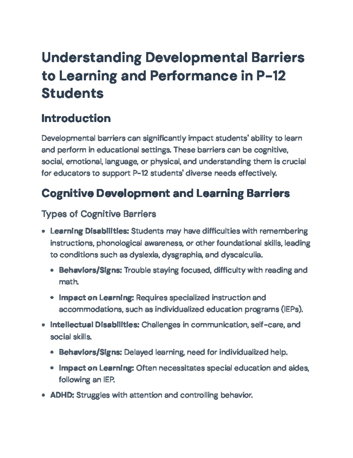 Understanding Developmental Barriers to Learning in P-12 Students ...