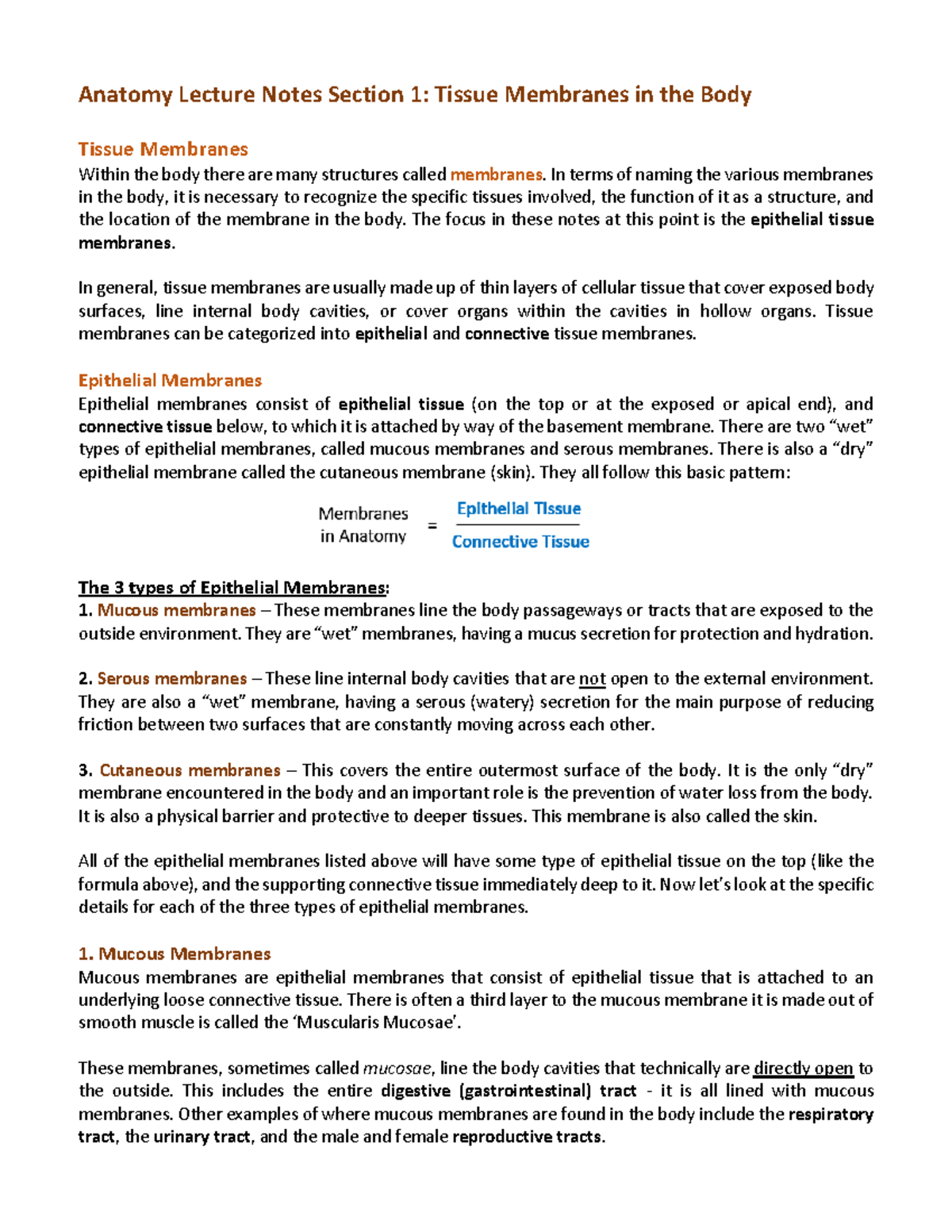 Anatomy Lecture Notes: Tissue Membranes Overview (Course #3) - Studocu