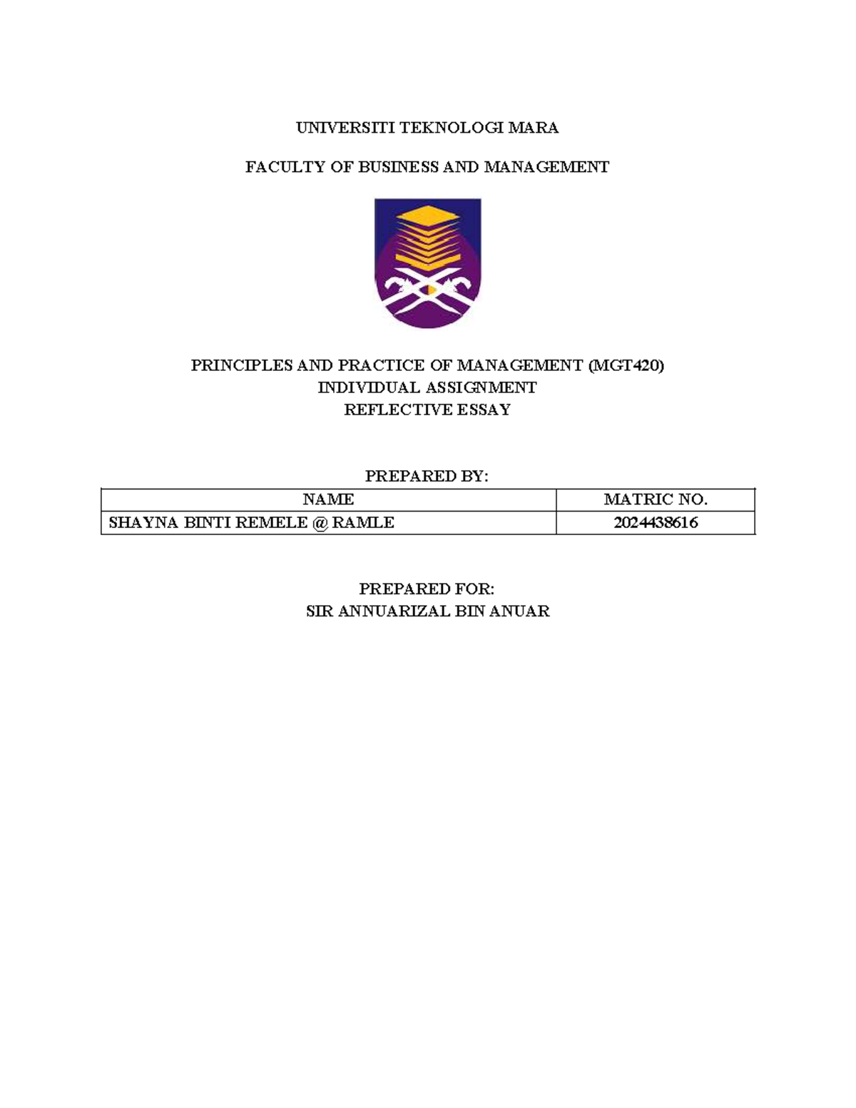 Individual Assignment MGT ( Reflective Essay) - UNIVERSITI TEKNOLOGI ...