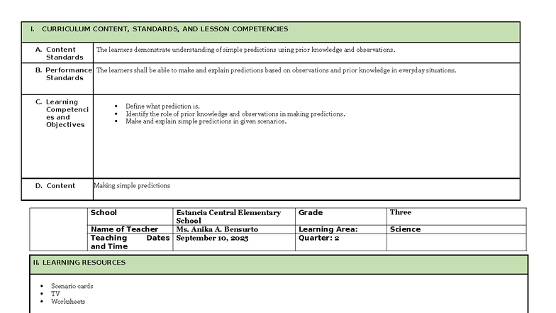 Grade 3 Science Lesson Making Predictions Using Observations Studocu