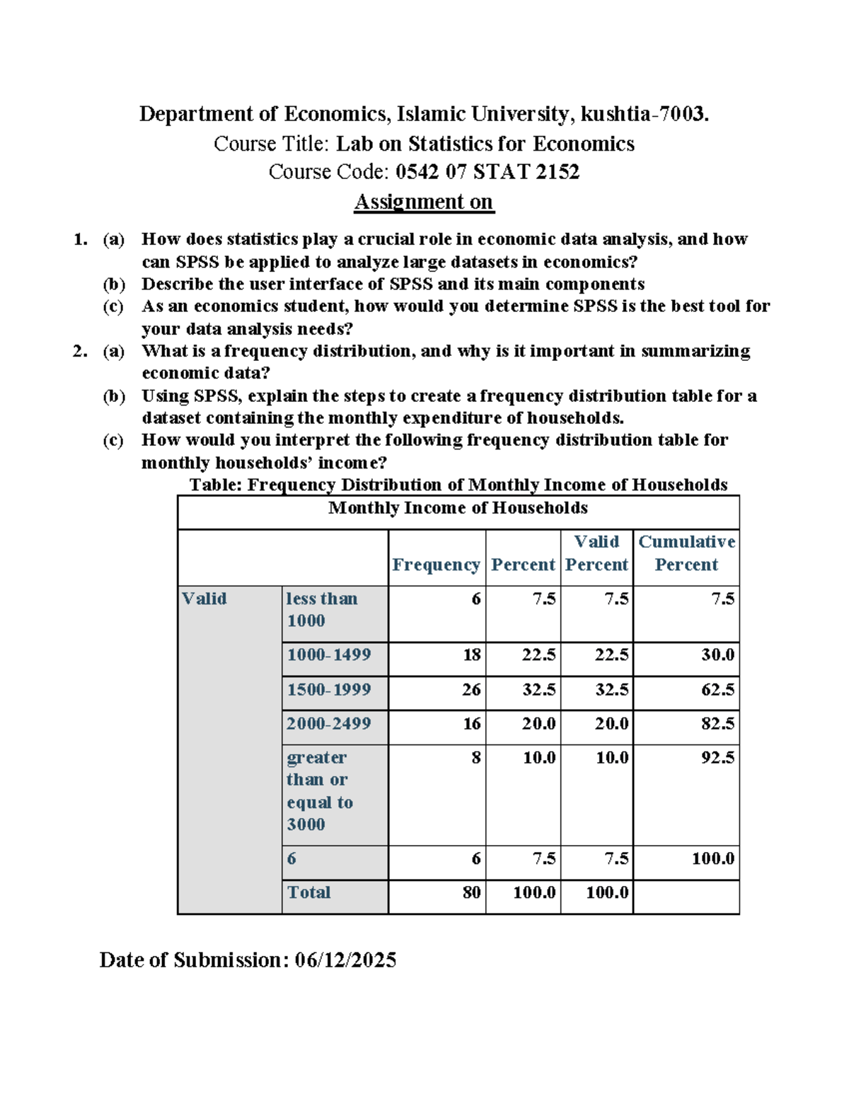 Lab on Statistics for Economics (0542 07 STAT 2152) Assignment - Studocu