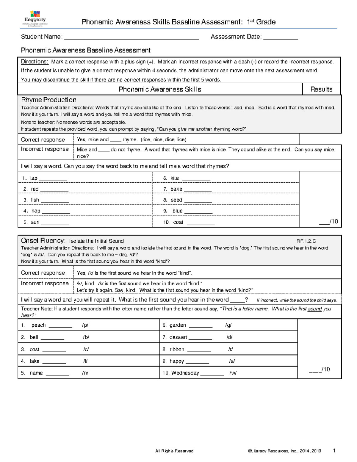 Kindergarten Baseline Phonemic Awareness & Phonics Skills Assessment ...