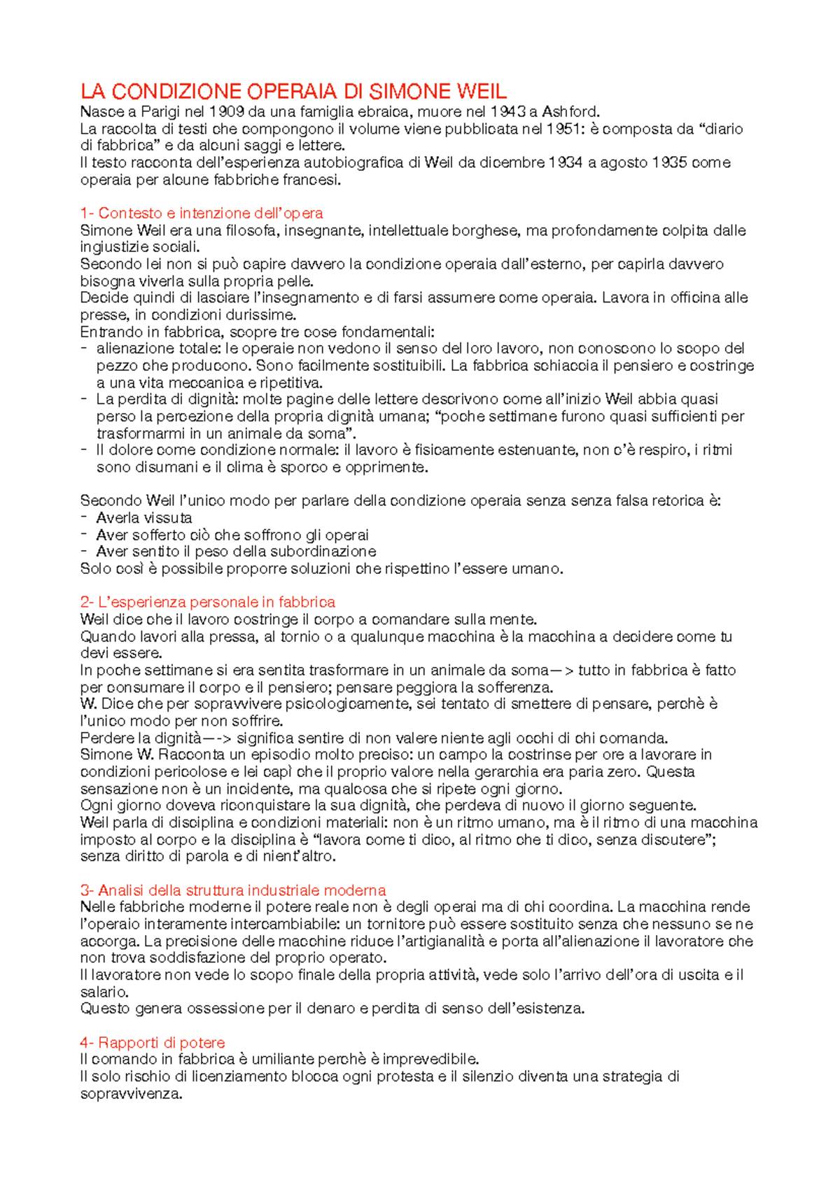LA CONDIZIONE OPERAIA DI SIMONE WEIL: ANALISI E RIFLESSIONI - Studocu
