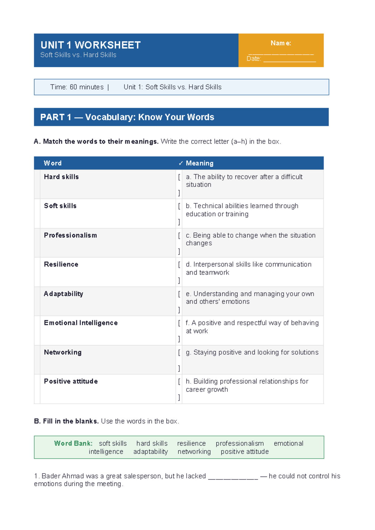 Unit 1 Worksheet: Soft Skills vs. Hard Skills Overview - Studocu