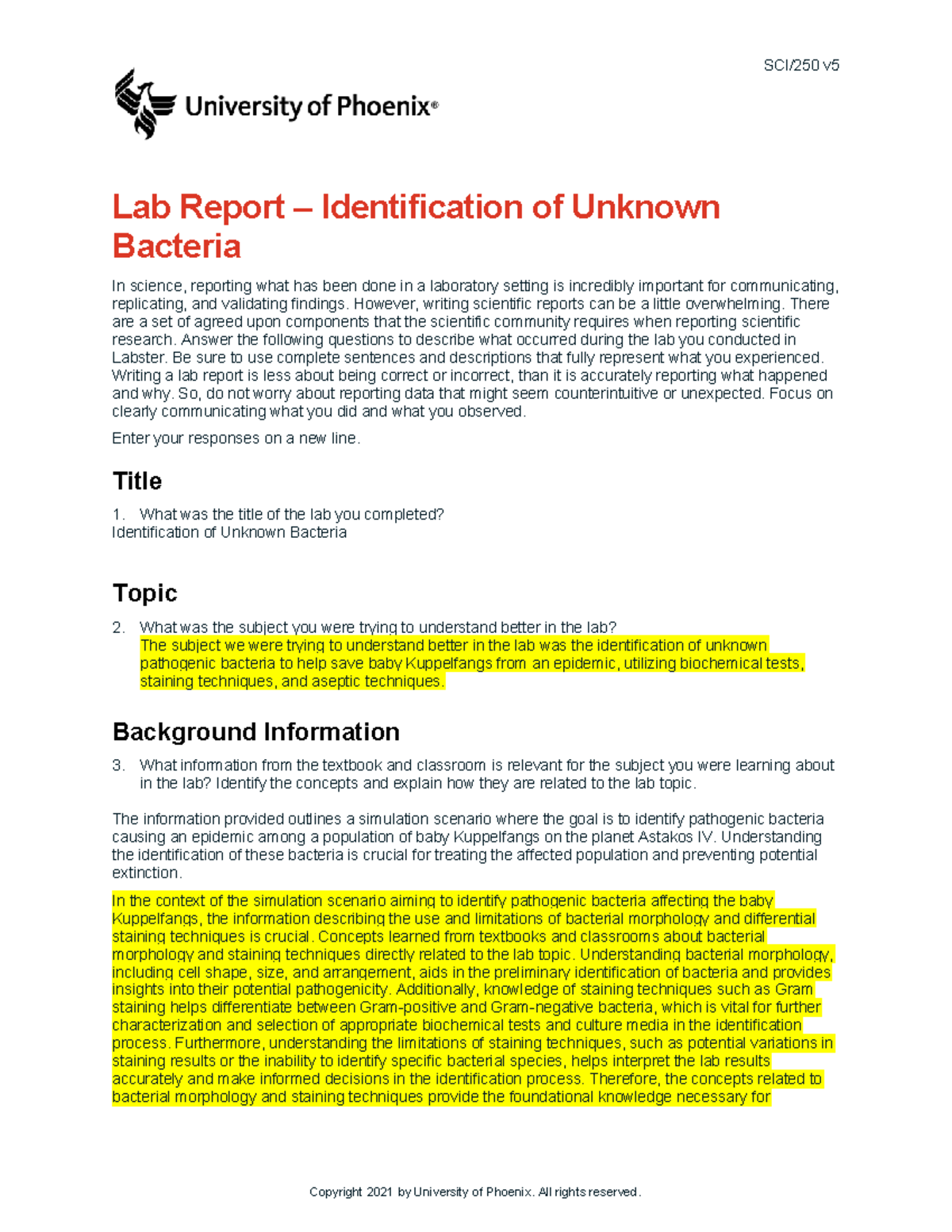 SCI/250 v5 WK 7 Lab Report: Identifying Unknown Pathogenic Bacteria - Studocu