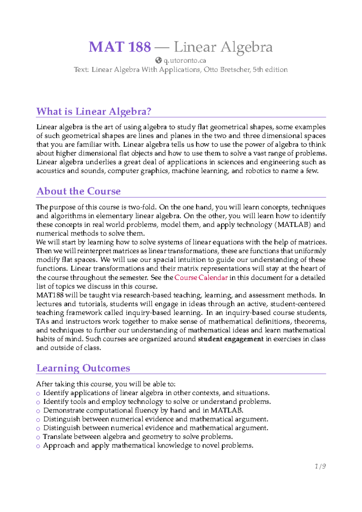 MAT188 Course Outline: Introduction to Linear Algebra Concepts - Studocu