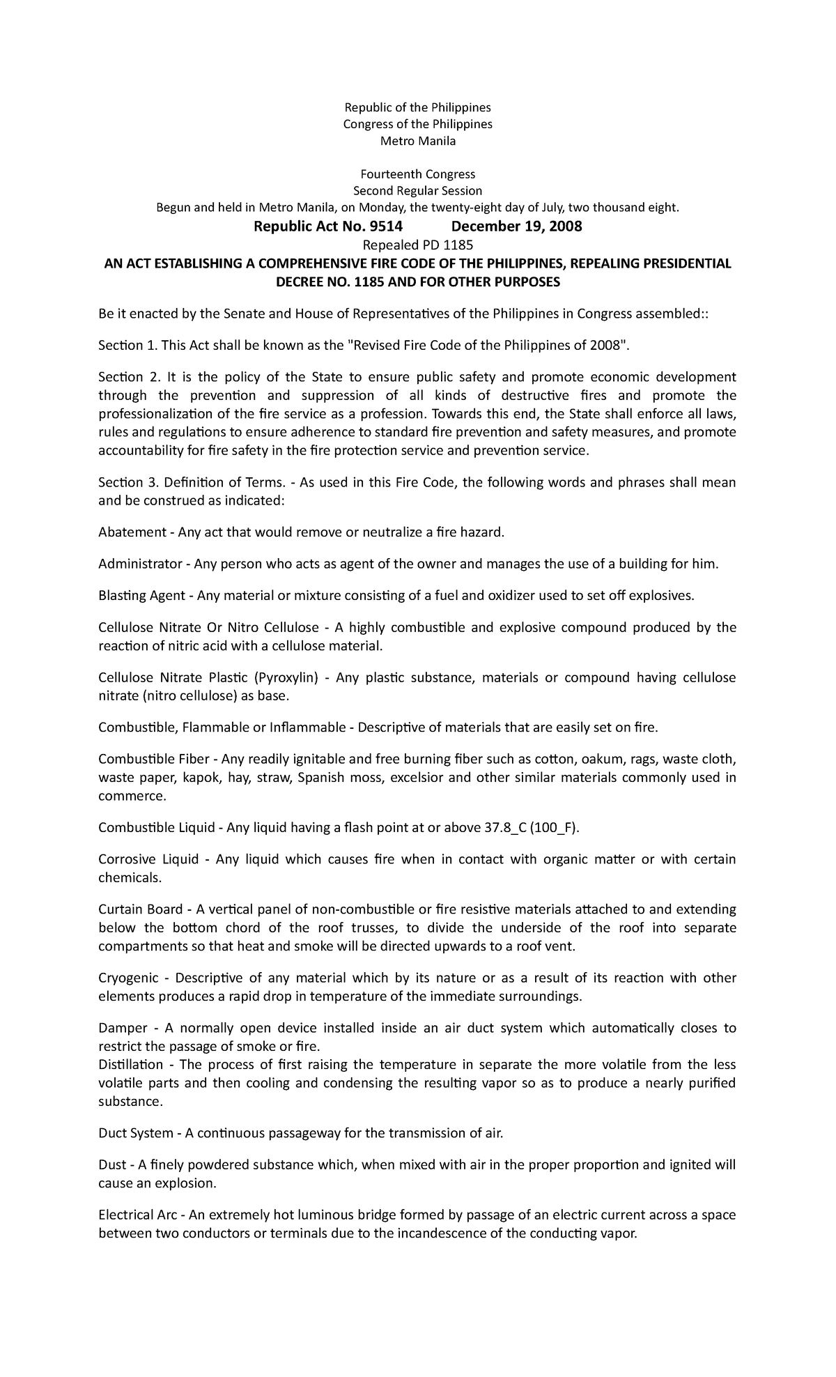 Revised Fire Code 9514 - Fire Code of the Philippines - Republic of the ...