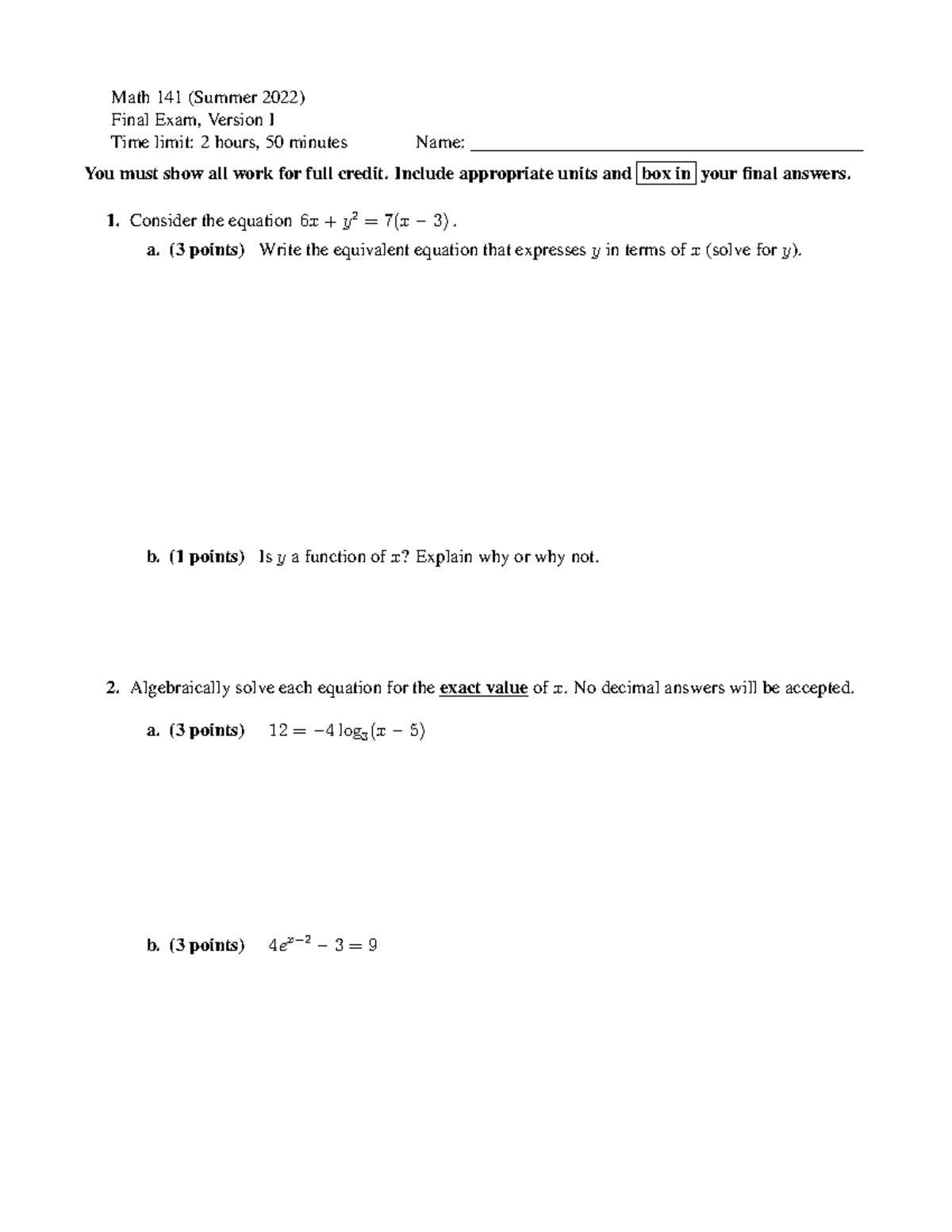 Final Exam I - Math 141 (Summer 2022) Final Exam, Version I Time limit ...