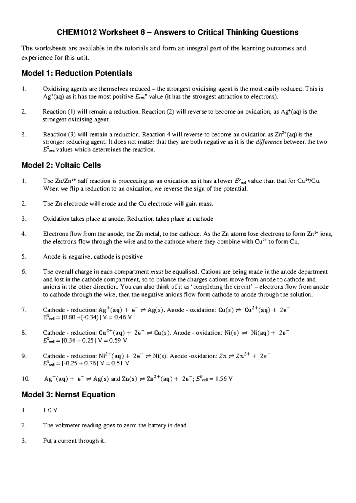 Tutorial 08 - Answers - CHEM1012 Worksheet 8 – Answers to Critical ...