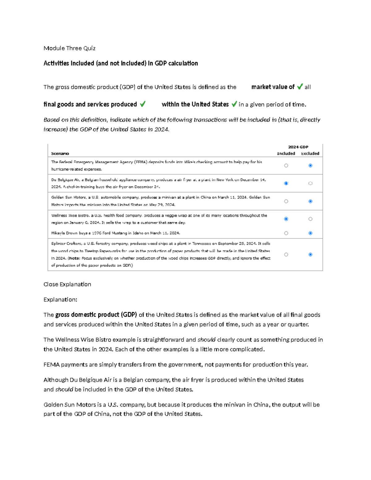 Module Three Quiz: Activities included in GDP calculation - Studocu