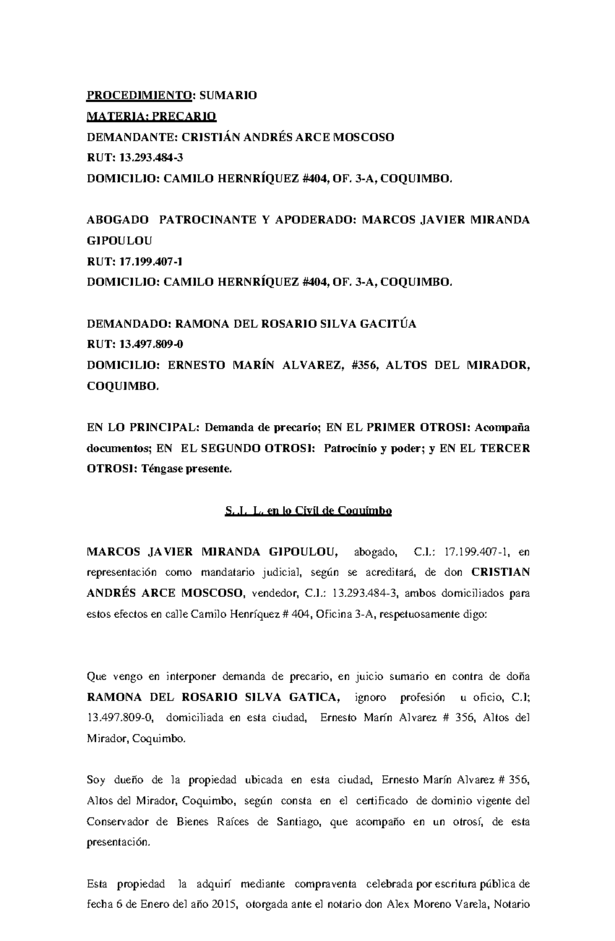 Demanda de Precario en Juicio Sumario - Cristian Arce vs. Ramona Silva ...
