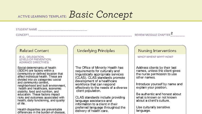 ACTIVE LEARNING TEMPLATE: Basic Concepts in SDOH and Nursing Interventions - Studocu