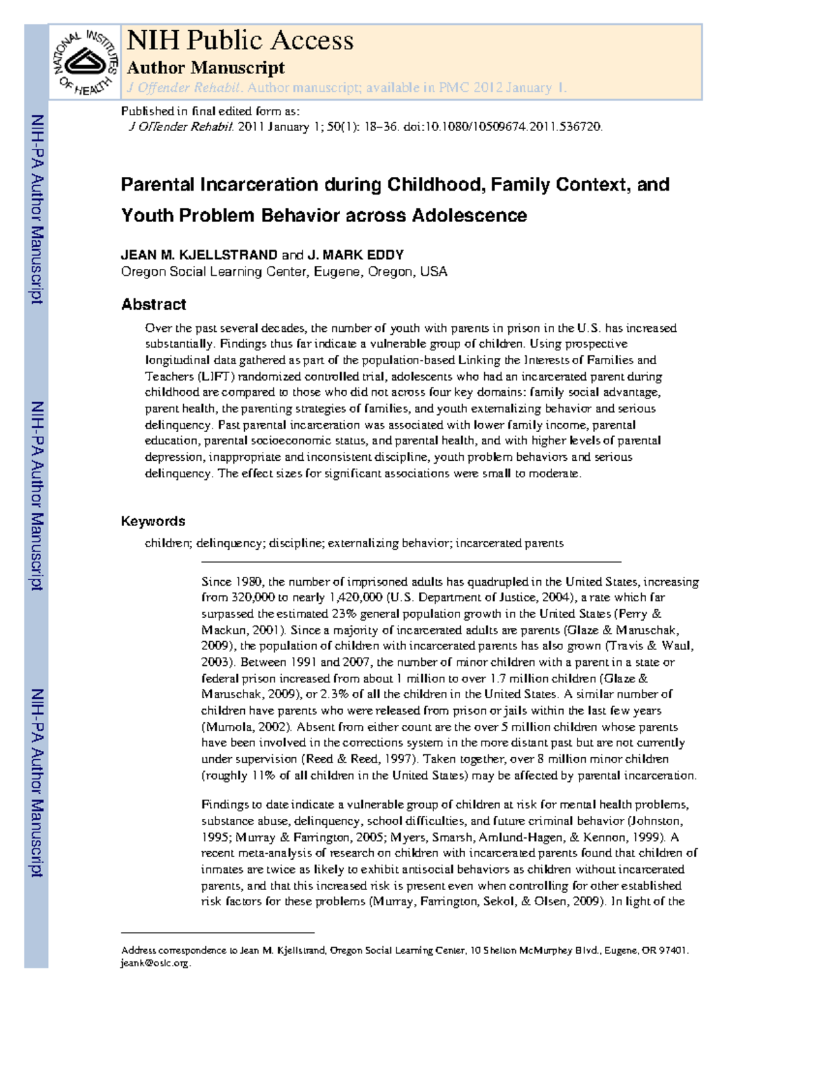 Parental Incarceration Effects on Youth: Insights from LIFT Study - Studocu