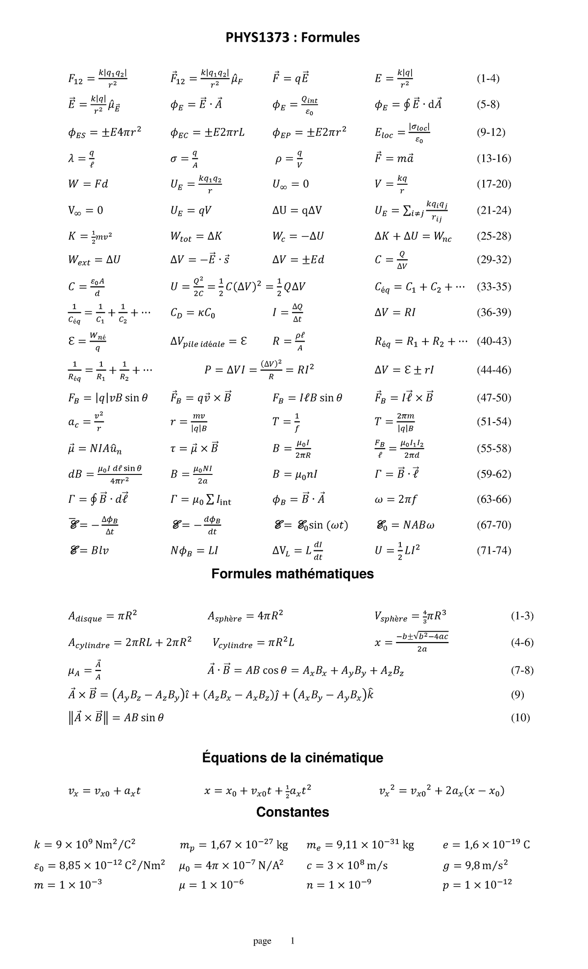 PHYS1373 : Formules clés pour l'examen final de physique - Studocu