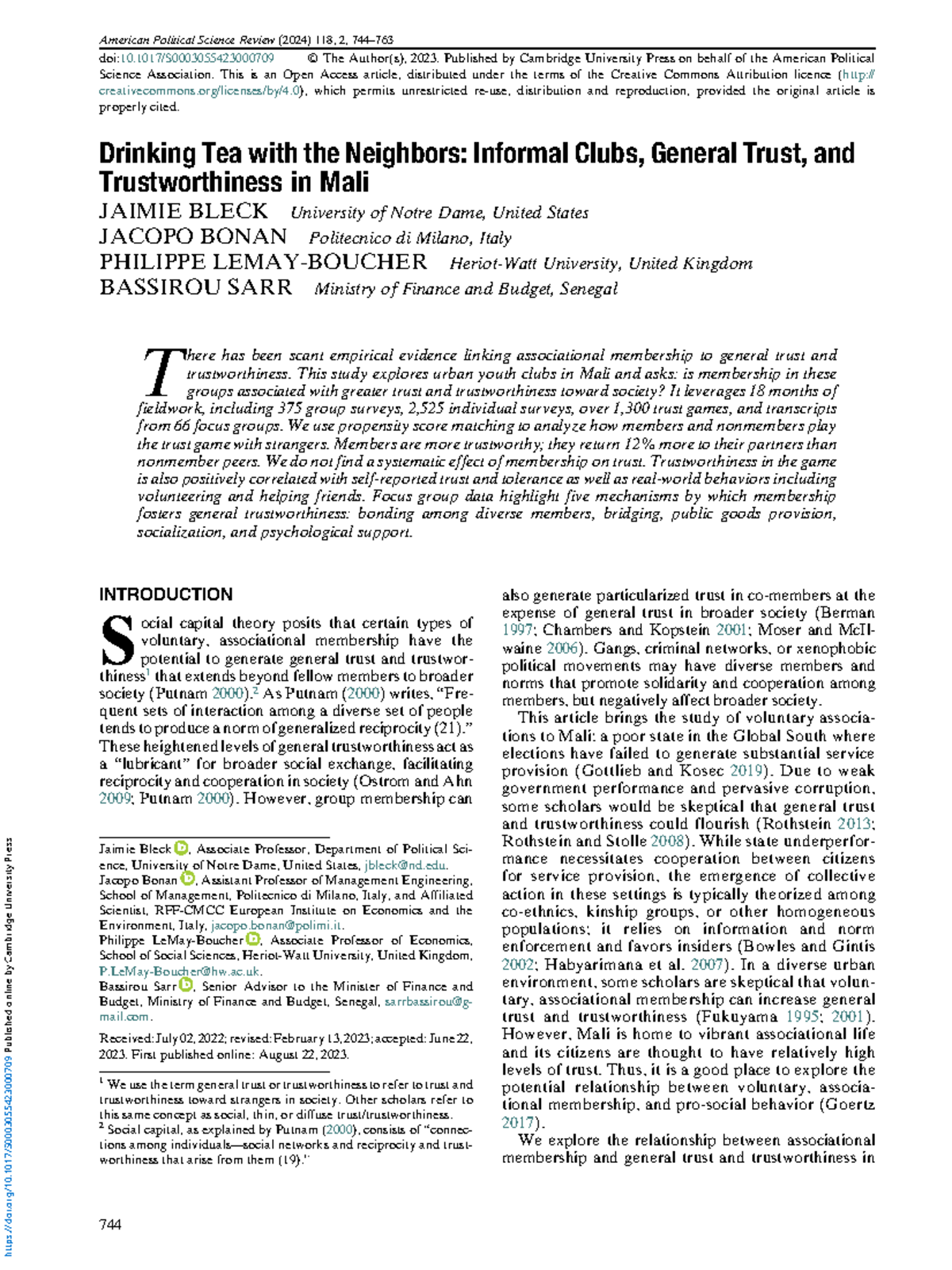 Drinking Tea with Neighbors: Trust and Social Capital in Mali (PSCI ...