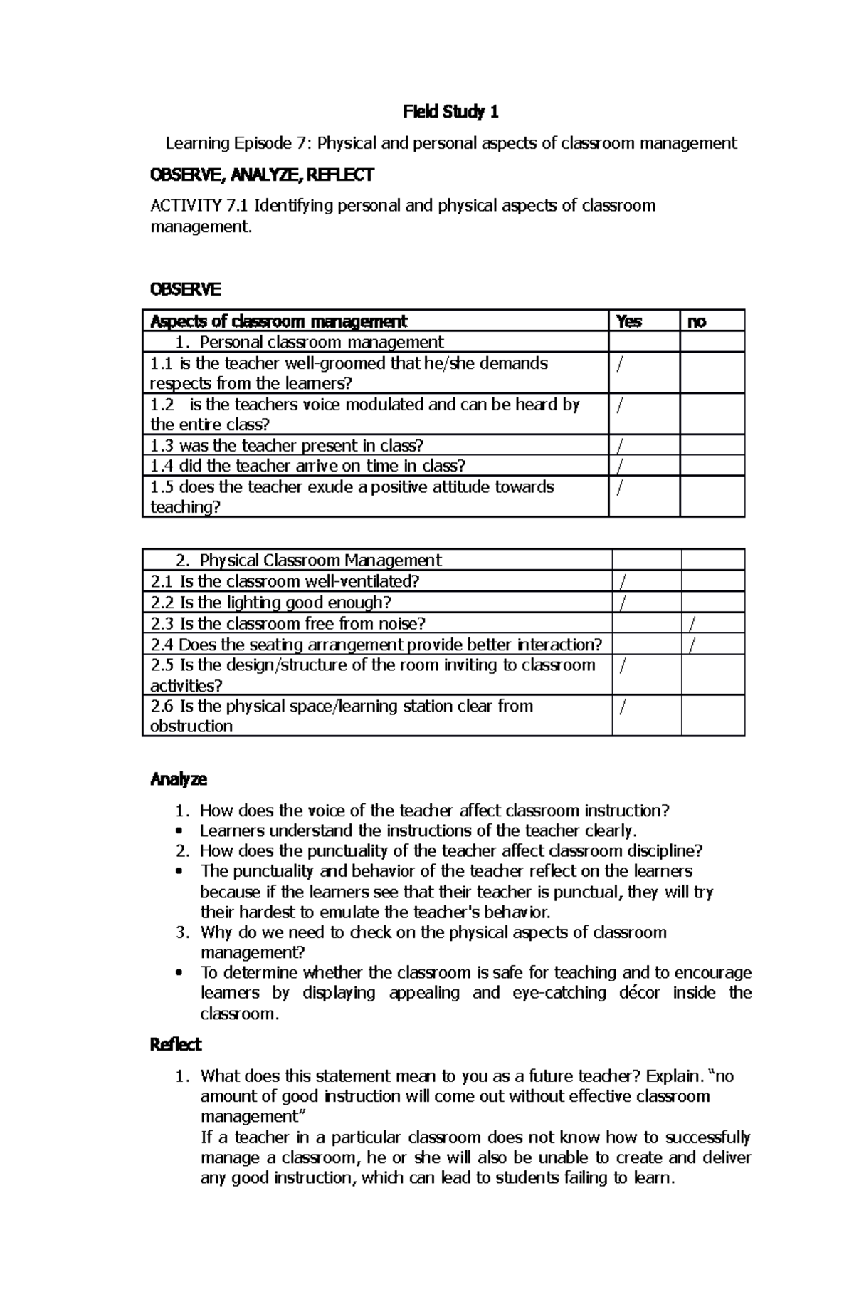 Field Study 1: Lesson 7 on Classroom Management Practices - Studocu