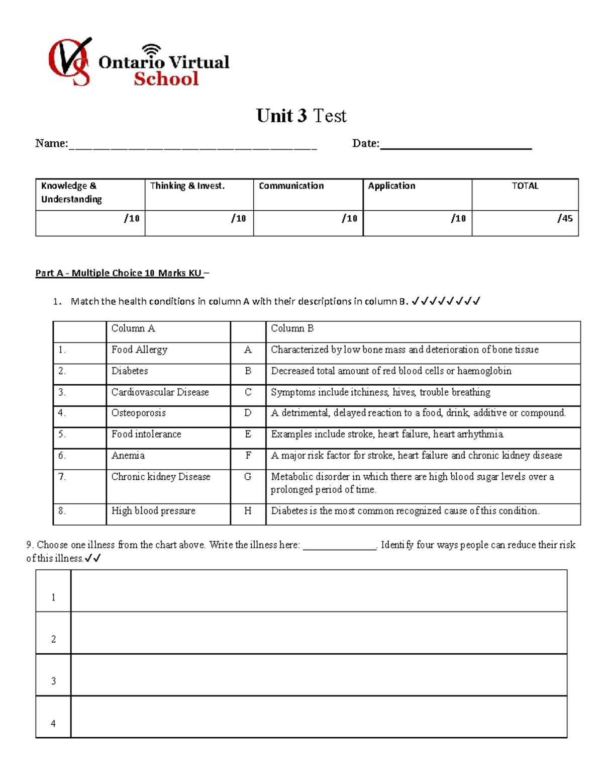 HFA4U Unit Test 3: Knowledge & Understanding of Health Conditions - Studocu