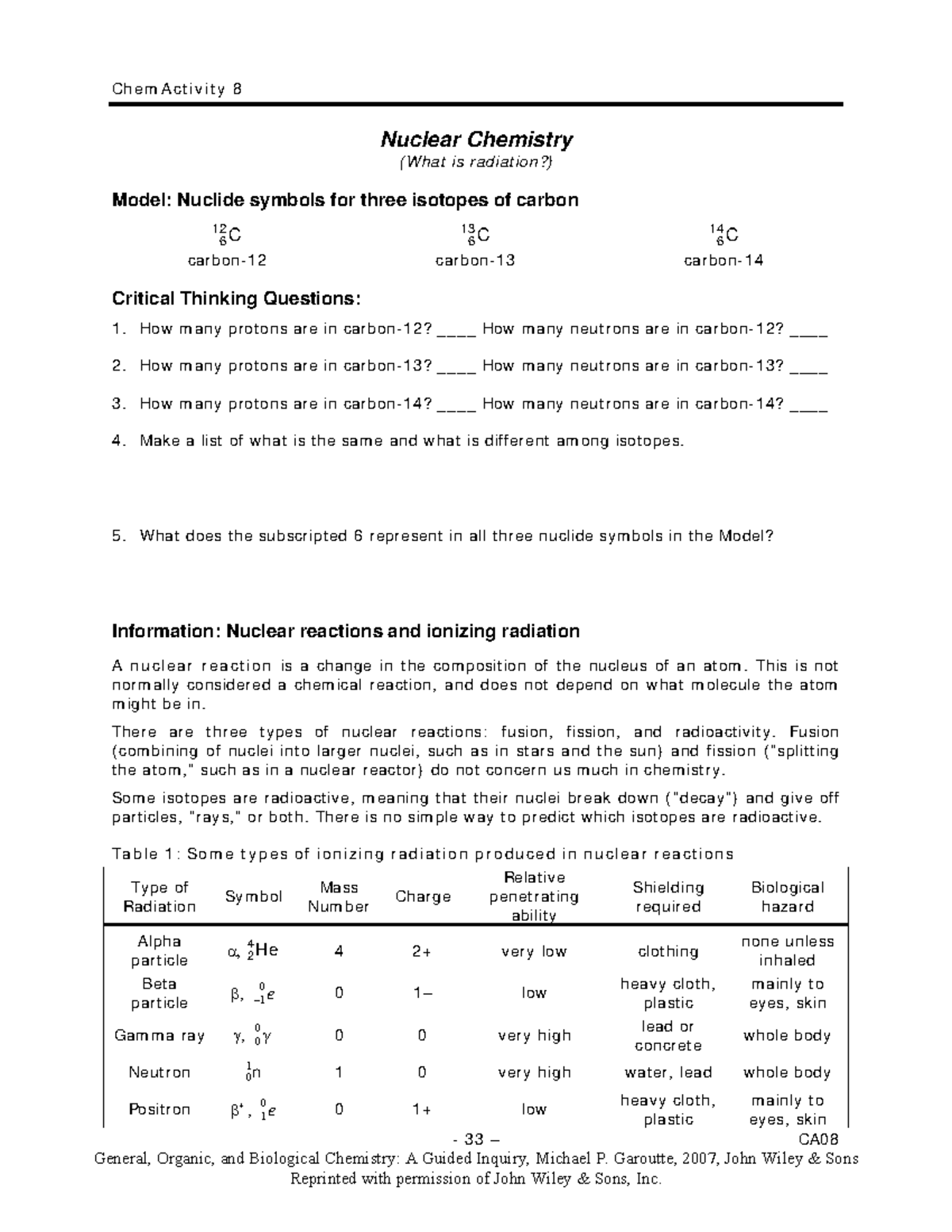 ChemActivity 8: Understanding Nuclear Chemistry and Radiation Concepts ...